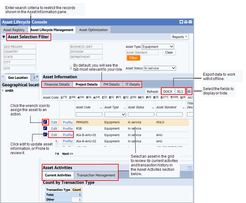 Managing Assets throughout the Lifecycle (Asset Lifecycle Management Tab)