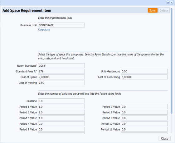 Manually Creating a Space Requirement Item
