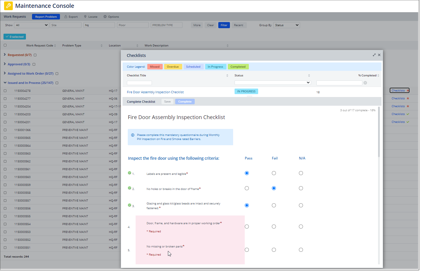 Checklists Available in Maintenance Console
