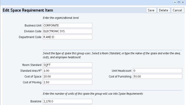 Edit Space Requirement Items