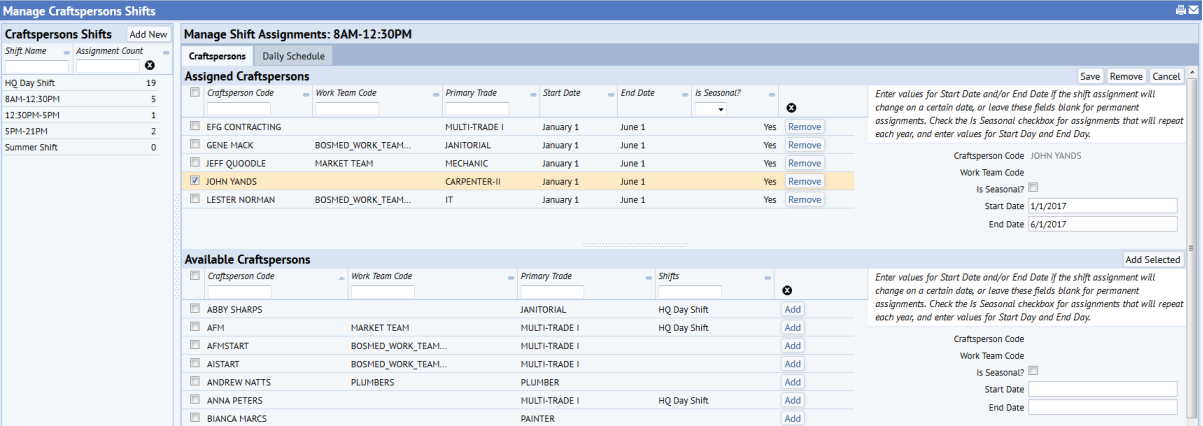 Define Shifts and Assign Shifts to Craftspersons